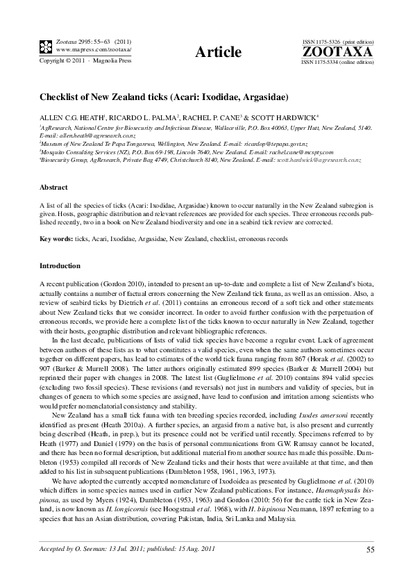 (PDF) Checklist of New Zealand ticks (Acari: Ixodidae, Argasidae)