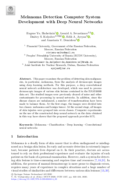 Pdf Melanoma Detection Computer System Development With Deep Neural Networks