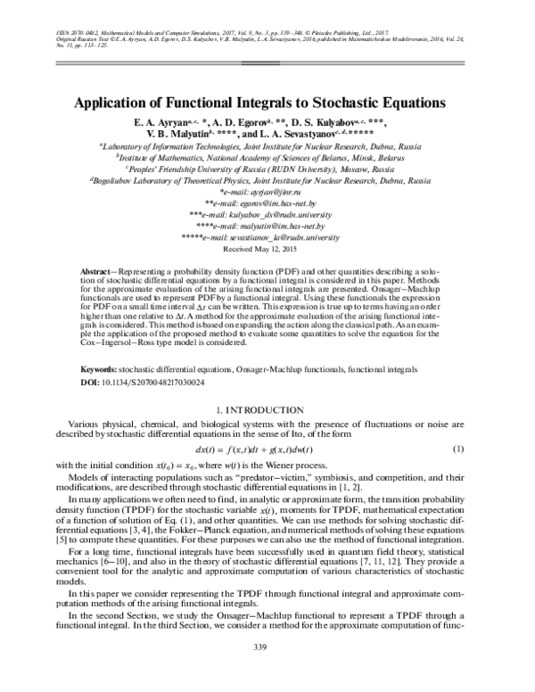 (PDF) Application of functional integrals to stochastic equations