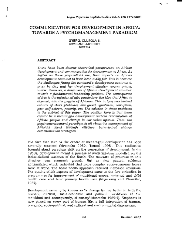(PDF) Communication for development in Africa: Towards a psychomanagement paradigm