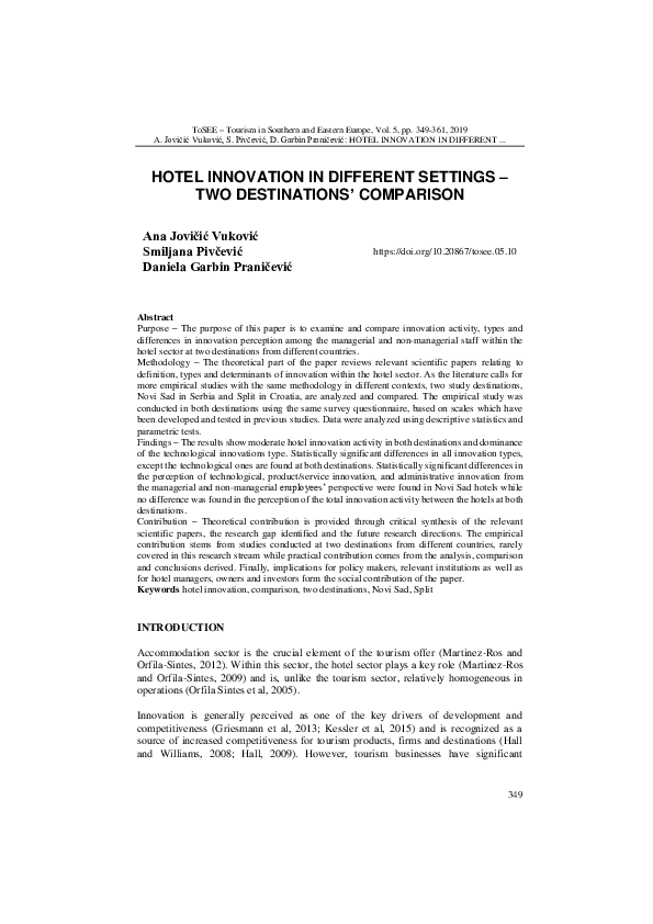 (PDF) Hotel Innovation in Different Settings – Two Destinations’ Comparison