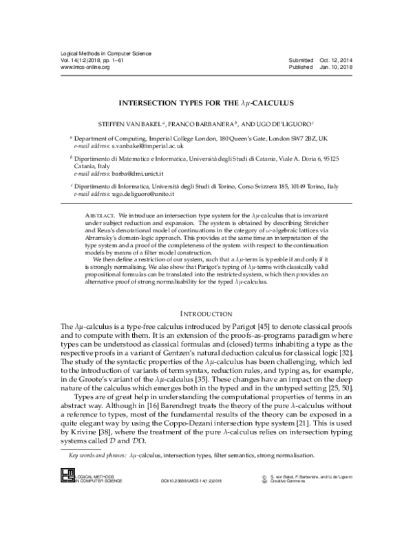 (PDF) Intersection Types for the lambda-mu Calculus