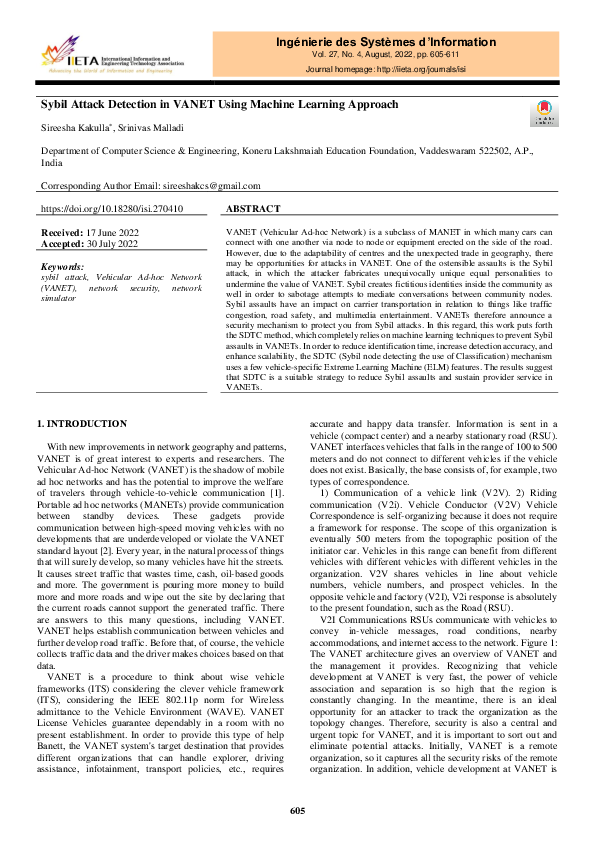 Pdf Sybil Attack Detection In Vanet Using Machine Learning Approach