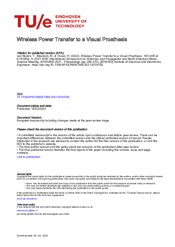 (PDF) Wireless Power Transfer to a Visual Prosthesis: 100 mW at 6.78 MHz