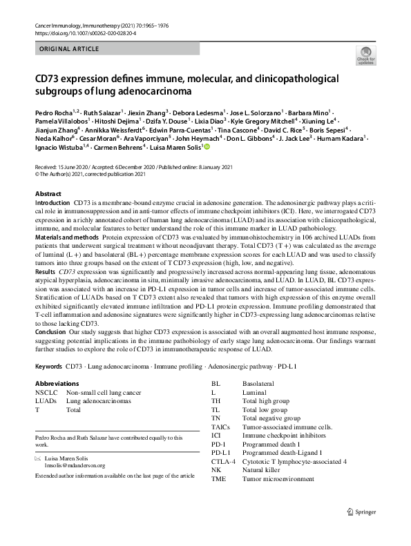 (PDF) CD73 expression defines immune, molecular, and clinicopathological subgroups of lung ...