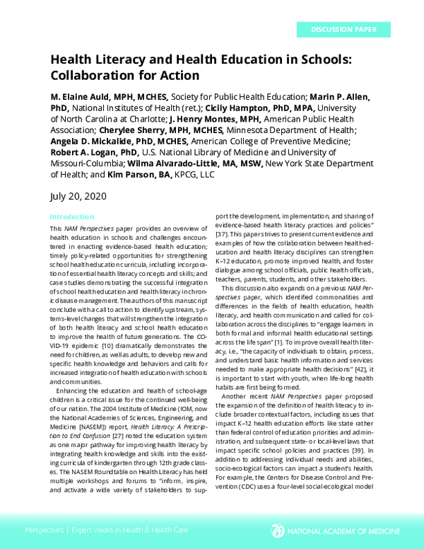 (PDF) Health Literacy and Health Education in Schools: Collaboration ...