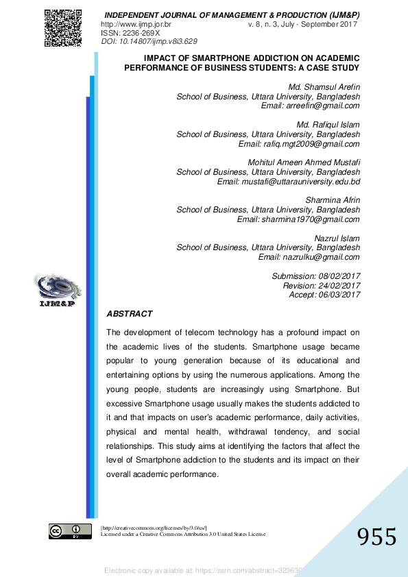 (PDF) Impact of Smartphone Addiction on Academic Performance of Business Students: A Case Study