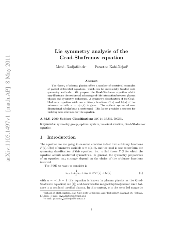 Pdf Lie Symmetry Analysis Of The Grad Shafranov Equation