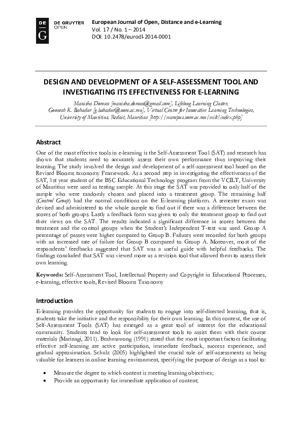 Pdf Design And Development Of A Self Assessment Tool And Investigating Its Effectiveness For E