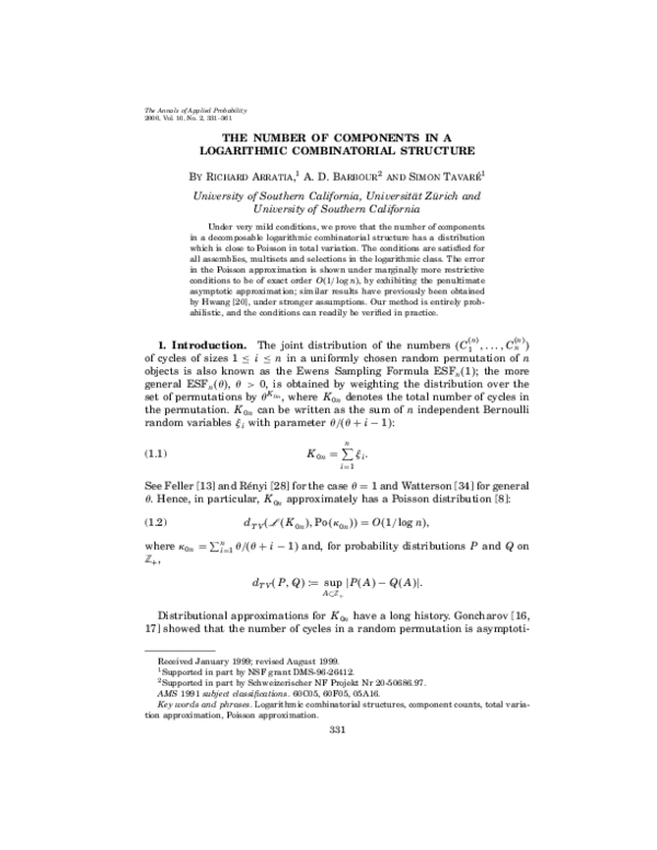 (PDF) The number of components in a logarithmic combinatorial structure