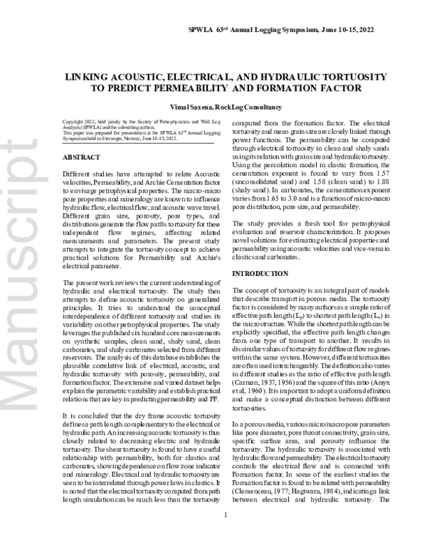 (PDF) Linking Acoustic, Electrical, and Hydraulic Tortuosity to Predict Permeability and ...
