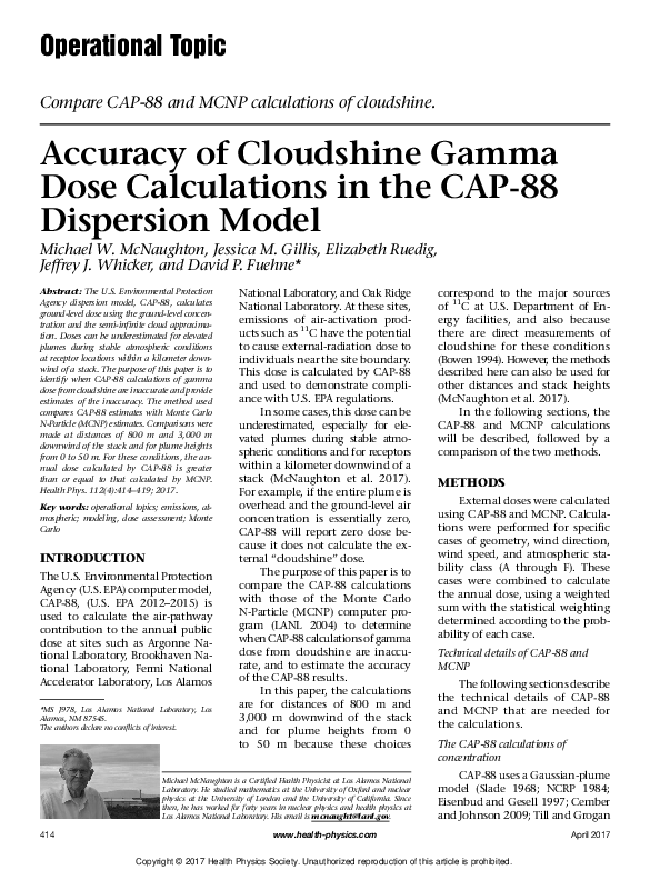 (PDF) Accuracy of Cloudshine Gamma Dose Calculations in the CAP-88 Dispersion Model