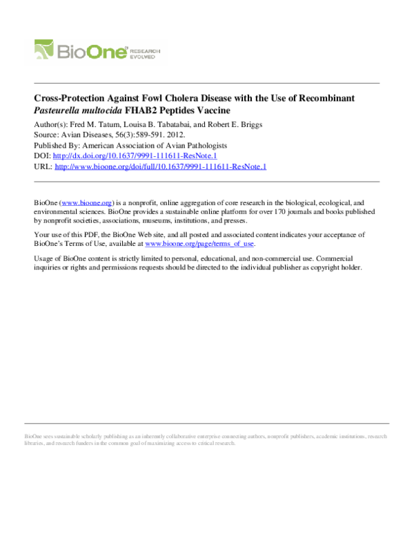 (PDF) Cross-Protection Against Fowl Cholera Disease with the Use of ...