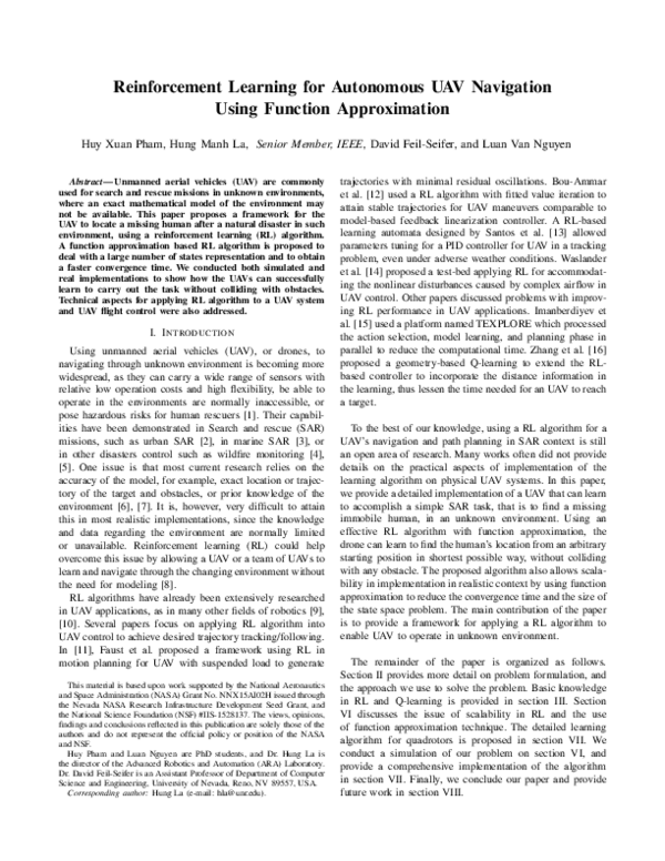 (PDF) Reinforcement Learning for Autonomous UAV Navigation Using Function Approximation