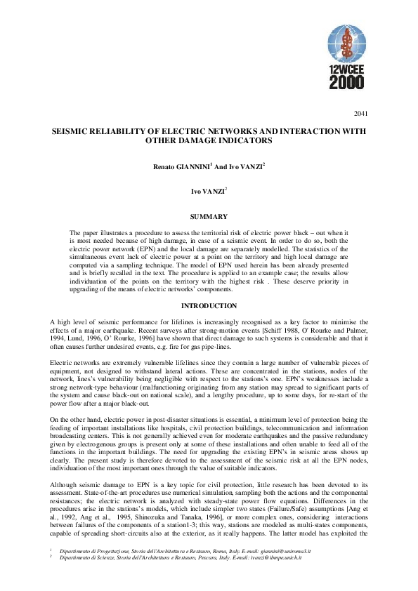 (PDF) Seismic reliability of electric networks and interaction with ...