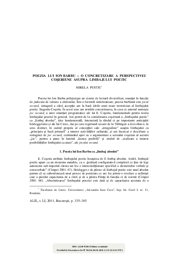 (PDF) Poezia Lui Ion Barbu – O Concretizare a Pers Pectivei Coşeriene ...