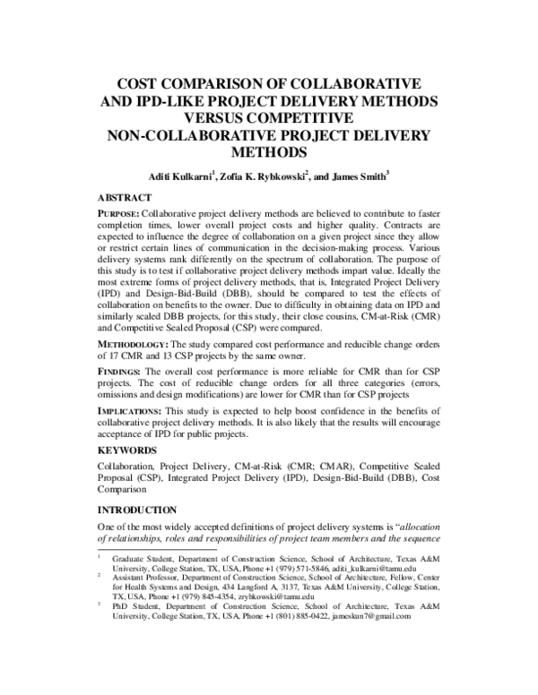 (PDF) Cost comparison of collaborative and IPD-like project delivery ...