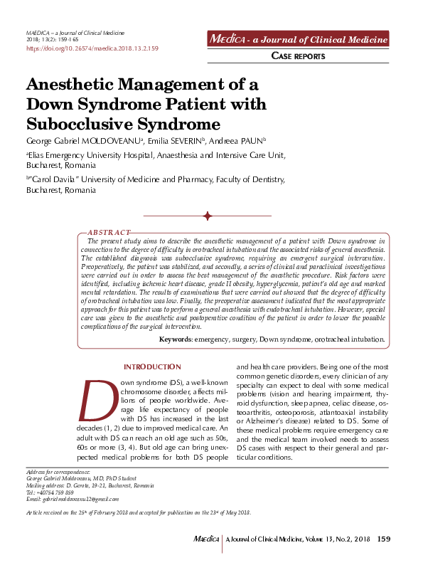 (PDF) Anesthetic Management of a Down Syndrome Patient with Subocclusive Syndrome