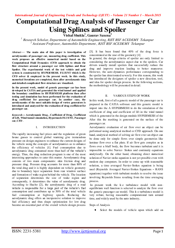 (PDF) Computational Drag Analysis of Passenger Car Using Splines and ...