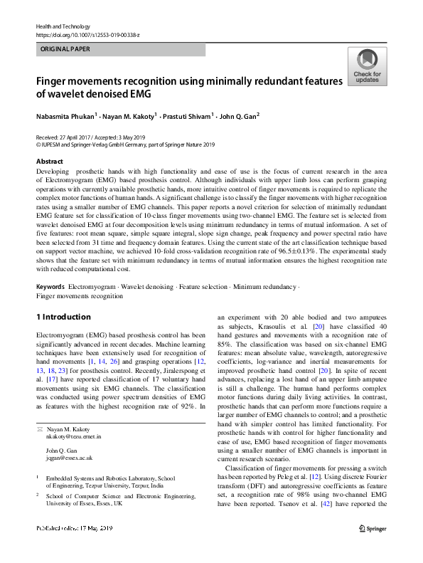 (PDF) Finger movements recognition using minimally redundant features of wavelet denoised EMG