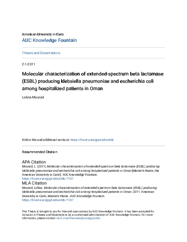 (PDF) Molecular characterization of extended-spectrum beta lactamase (ESBL) producing klebsiella ...
