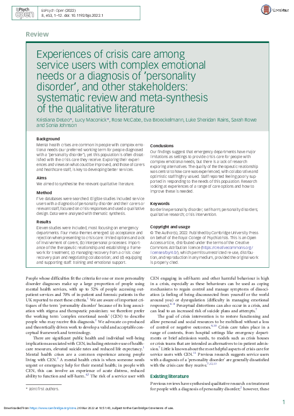 (PDF) Experiences of crisis care among service users with complex ...