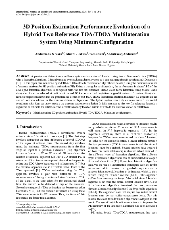 (PDF) 3D Position Estimation Performance Evaluation of a Hybrid Two Reference TOA/TDOA ...