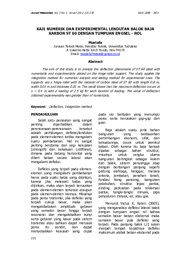 (PDF) Kaji Numerik Dan Eksperimental Lendutan Balok Baja Karbon ST 60 ...