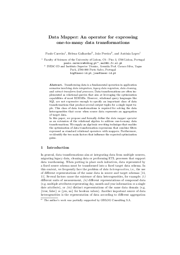 Pdf Data Mapper An Operator For Expressing One To Many Data Transformations João Pereira