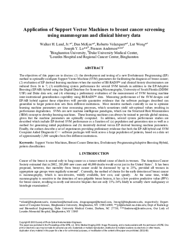(PDF) Application of support vector machines to breast cancer screening using mammogram and ...