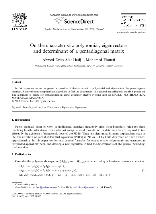 (PDF) On the characteristic polynomial, eigenvectors and determinant of a pentadiagonal matrix