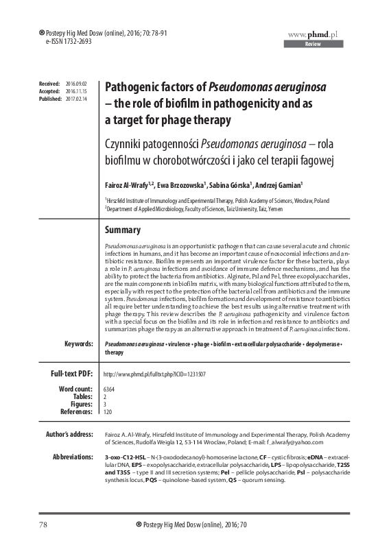 (PDF) Pathogenic factors of Pseudomonas aeruginosa – the role of ...
