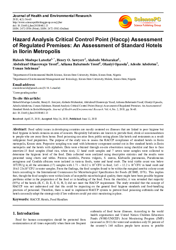 (PDF) Hazard Analysis Critical Control Point (Haccp) Assessment of ...