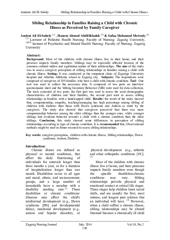 (PDF) Sibling Relationship in Families Raising a Child with Chronic Illness as Perceived by ...