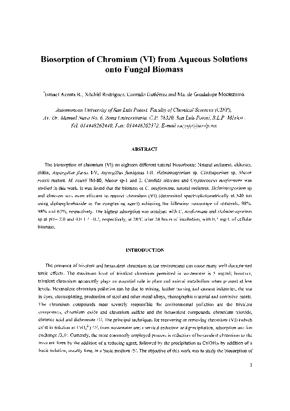 (PDF) Biosorption of Chromium (VI) from Aqueous Solutions onto Fungal Biomass
