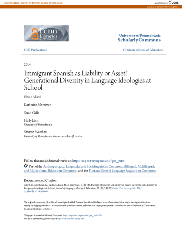 (PDF) Immigrant Spanish as Liability or Asset? Generational Diversity ...