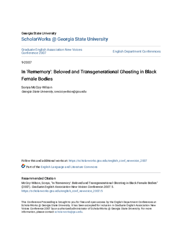 (PDF) In 'Rememory': Beloved and Transgenerational Ghosting in Black ...