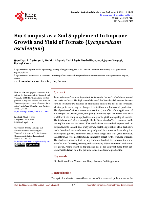 (PDF) Bio-Compost as a Soil Supplement to Improve Growth and Yield of Tomato ( Lycopersicum ...