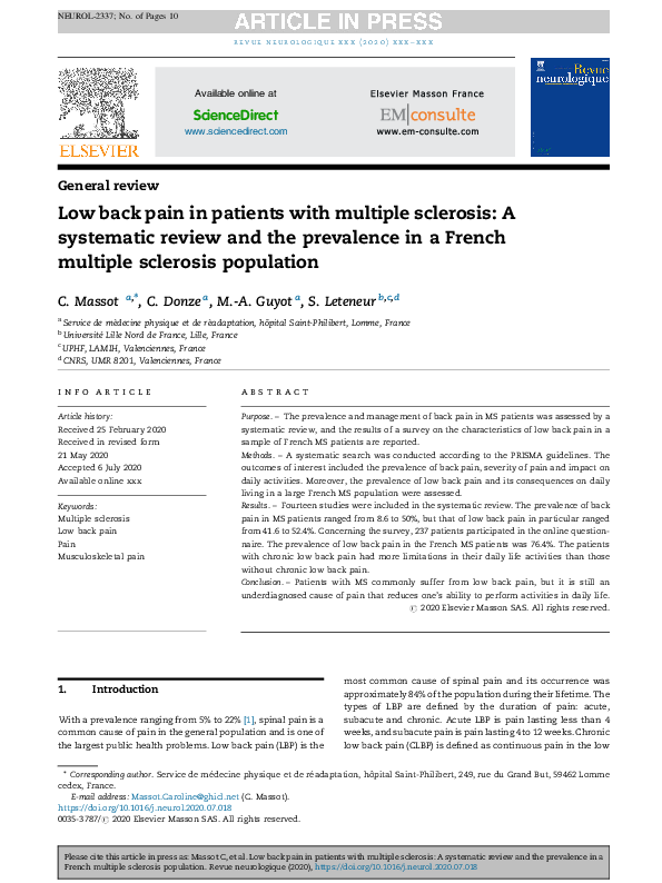 (PDF) Low back pain in patients with multiple sclerosis: A systematic ...