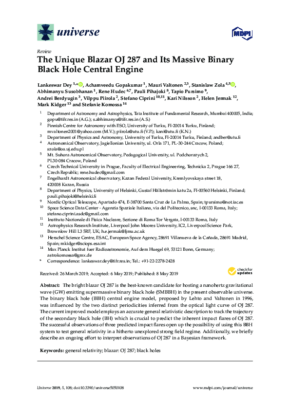 (PDF) The Unique Blazar OJ 287 and Its Massive Binary Black Hole ...
