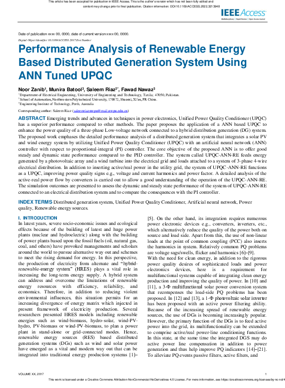 Pdf Performance Analysis Of Renewable Energy Based Distributed Generation System Using Ann
