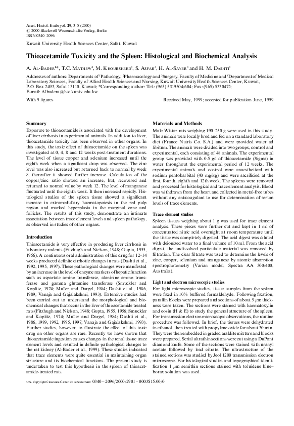 (PDF) Thioacetamide Toxicity and the Spleen: Histological and ...