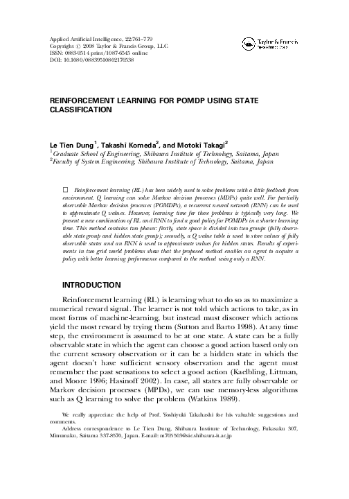 (PDF) Reinforcement Learning for Pomdp Using State Classification (PDF) Reinforcement Learning for Pomdp Using State Classification