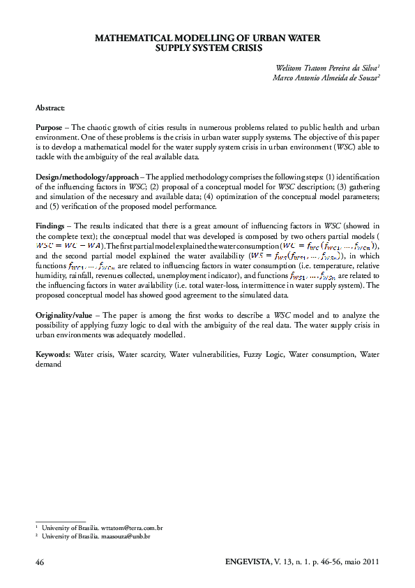 (PDF) Mathematical Modelling of Urban Water Supply System Crisis