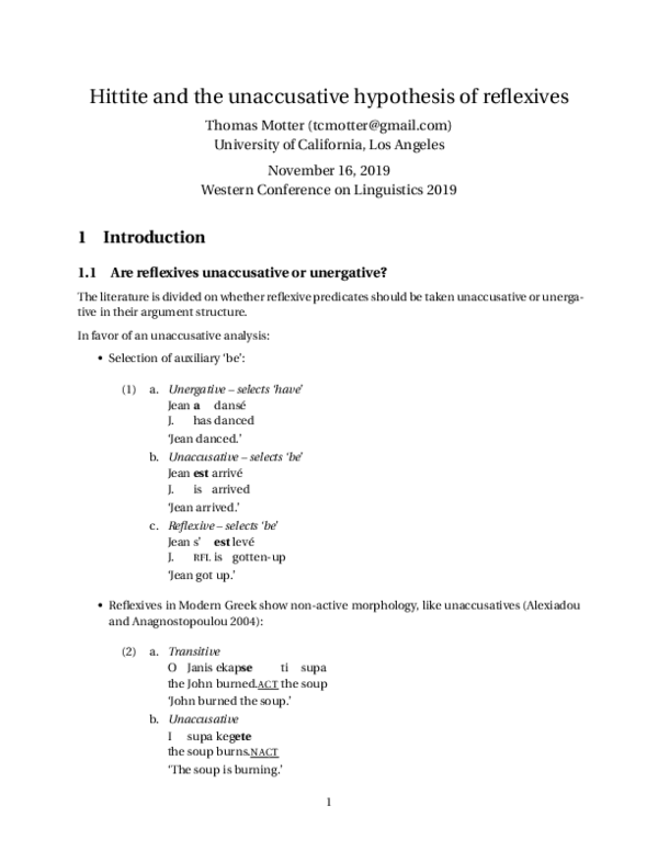 (PDF) Hittite and the unaccusative hypothesis of reflexives