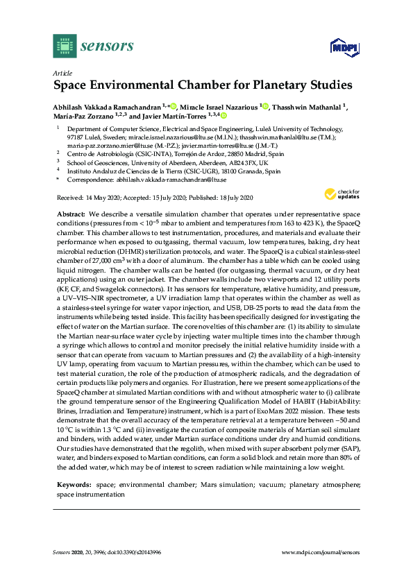 (PDF) Space Environmental Chamber for Planetary Studies