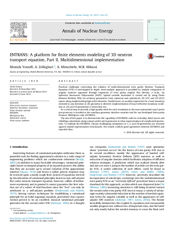 (PDF) ENTRANS: A platform for finite elements modeling of 3D neutron transport equation, Part II ...