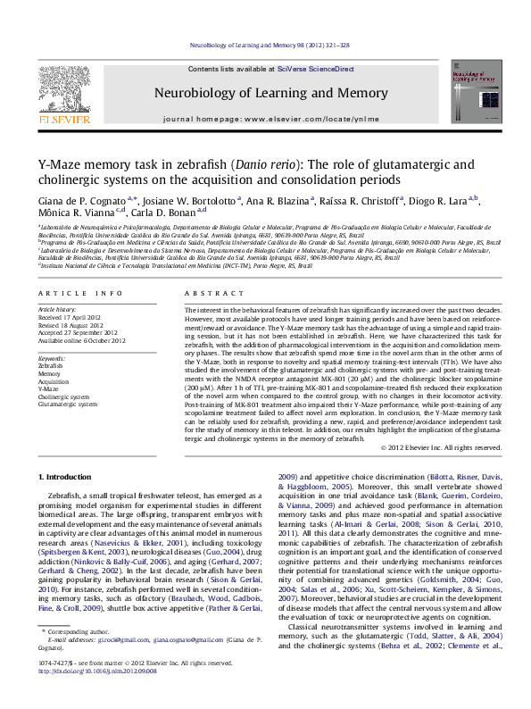 (PDF) Y-Maze memory task in zebrafish (Danio rerio): The role of ...