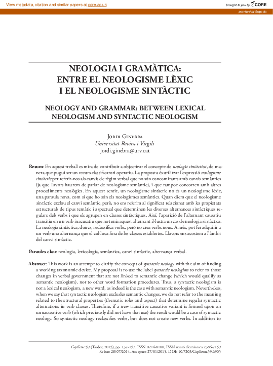 (PDF) Neology and Grammar: between lexical neologism and syntactic neologism