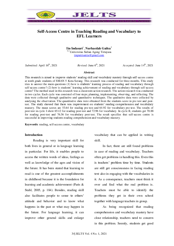 (PDF) Self-Access Centre in Teaching Reading and Vocabulary to EFL Learners